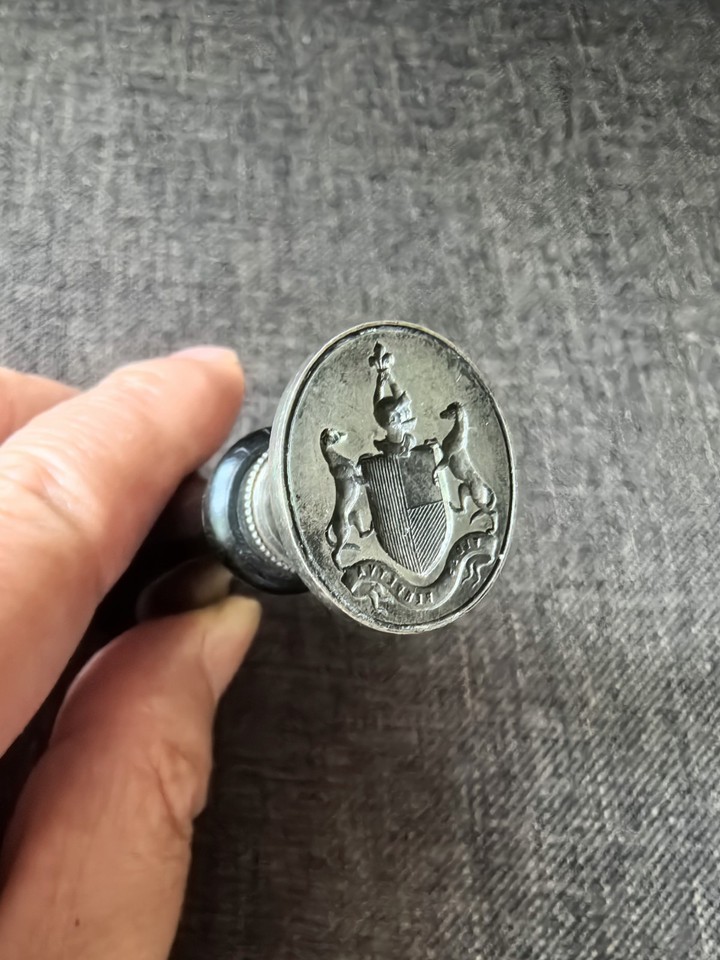 Antique French silver was seal with coat of arms and motto: PERPETUAL ...