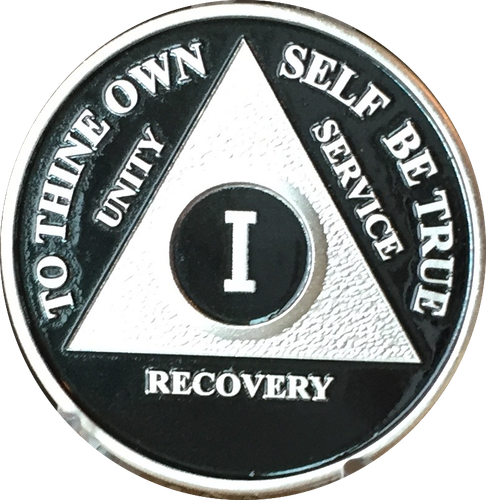 1 Year AA Chip Black Silver Plated Alcoholics Anonymous Medallion Coin ...