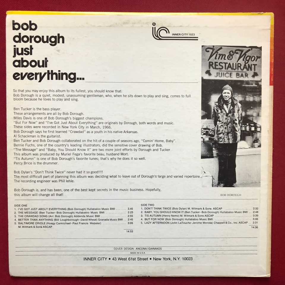 BOB DOROUGH ~ JUST ABOUT EVERYTHING LP (1977) JAZZ VG+ INNER CITY 1023 ...
