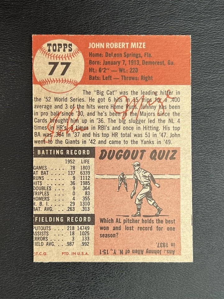 1953 Topps Vintage Baseball Card #77, JOHN MIZE, New York Yankees, Pack ...