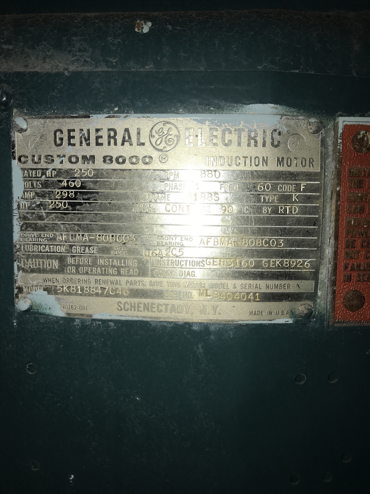 General Electric Custom 8000 250 HP Induction Motor 5K818847C46 880 RPM ...