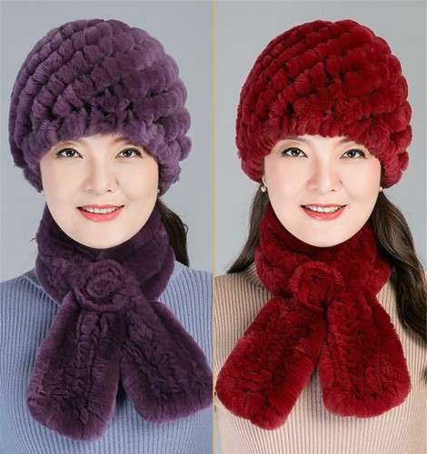 100% Real Rabbit Fur Hat & Scarf FashionWinter Warm Set Knitted Wooling ...