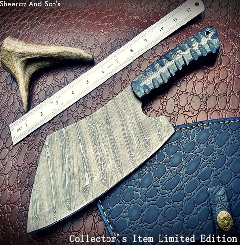 12'' Custom Handmade Damascus Steel Cleaver Hunting Knife W/Sheath ...