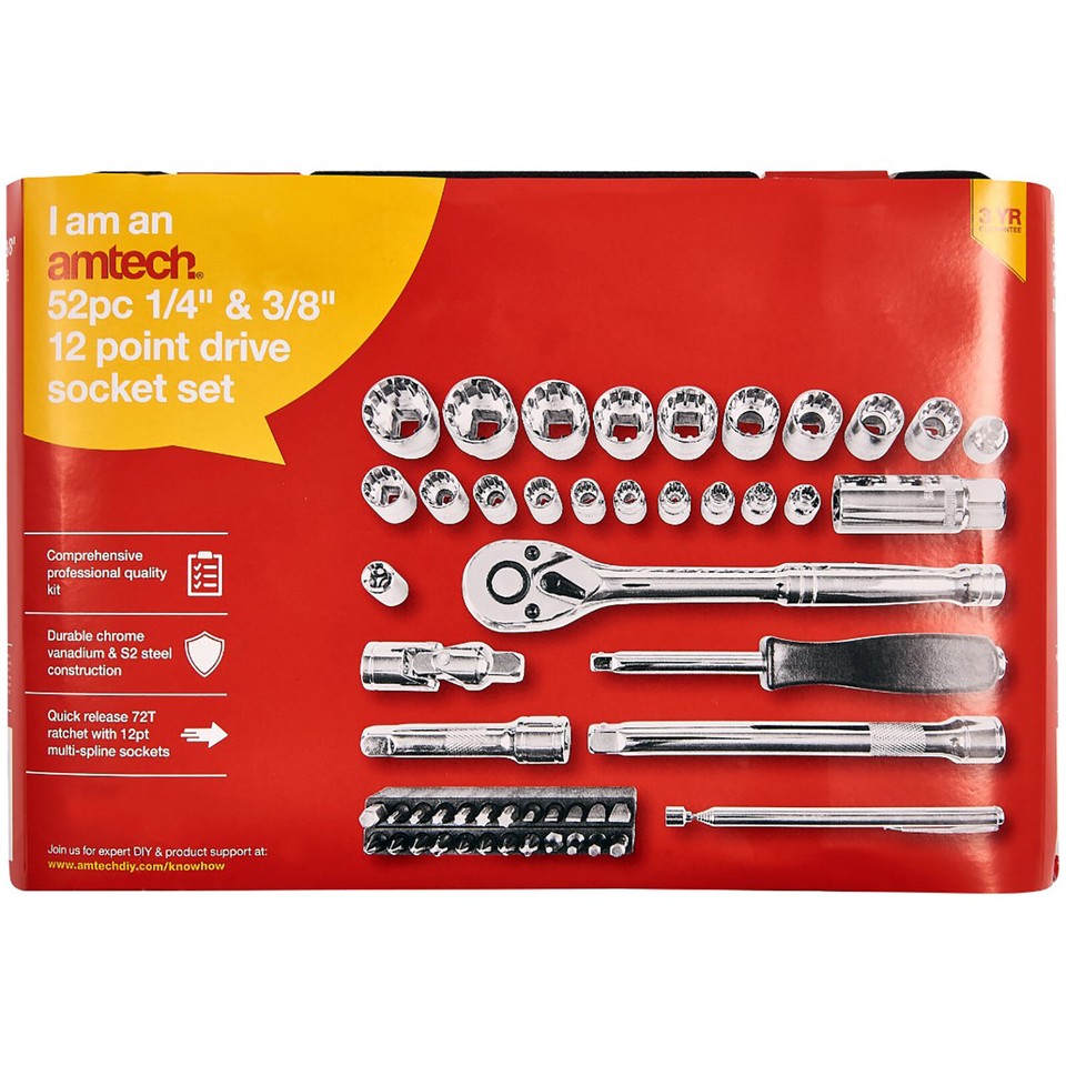 Amtech Ratchet Socket Screwdriver Bit Set 52 Piece 1/4" & 3/8" Drive 12 ...