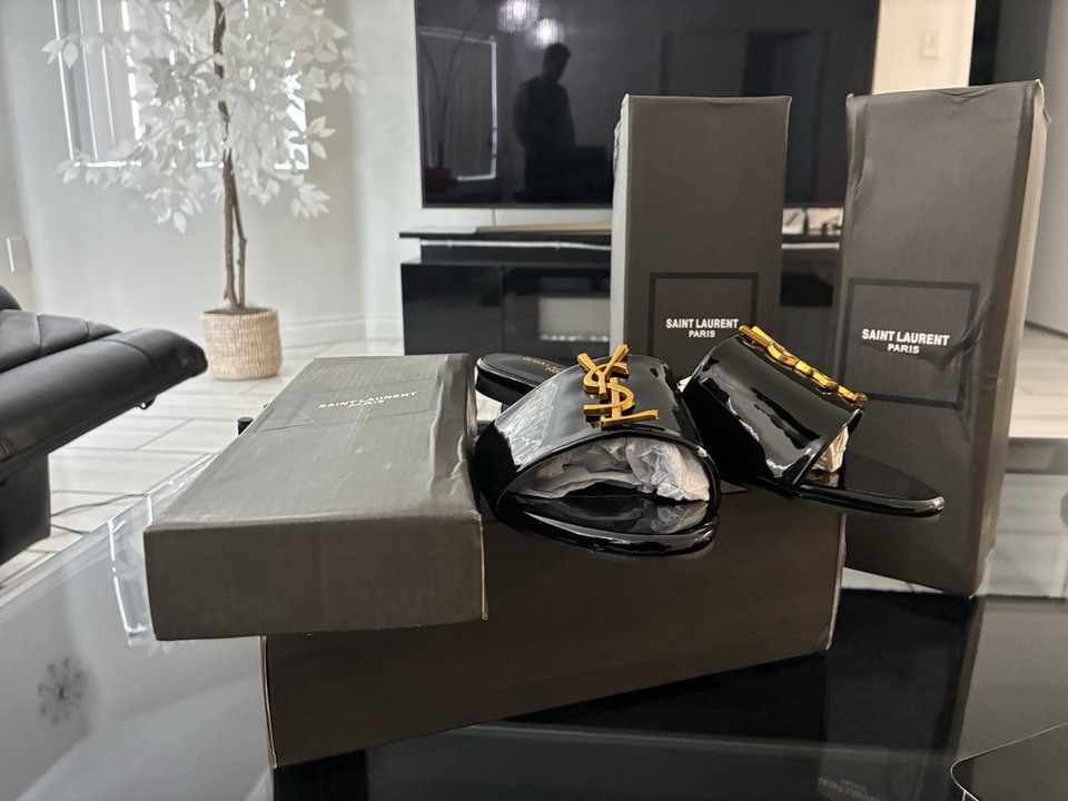 Saint Laurent Paris Black Patent Leather Slide Sandals with Gold YSL ...