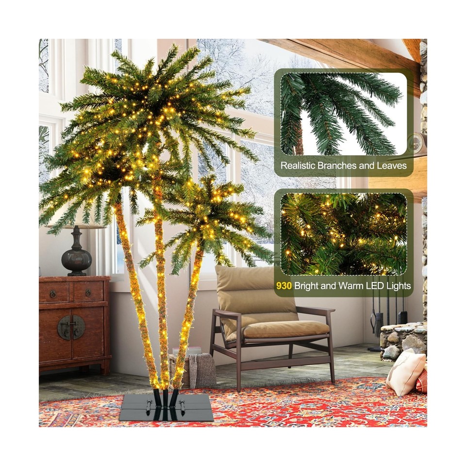 Tangkula 6FT Christmas Lighted Triple Palm Tree, Pre-lit Tropical Style ...