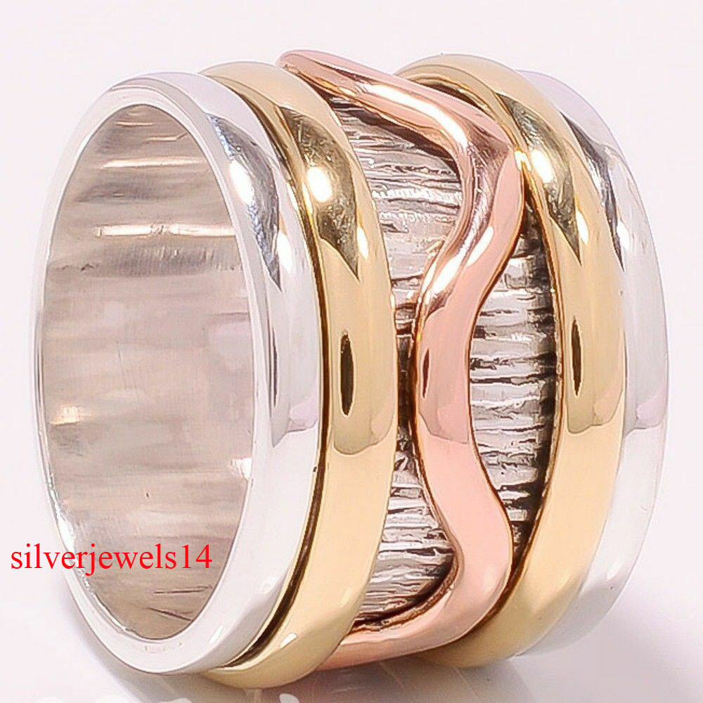 925 Sterling Silver Three Tone Wide Band Meditation Spinner Ring ...