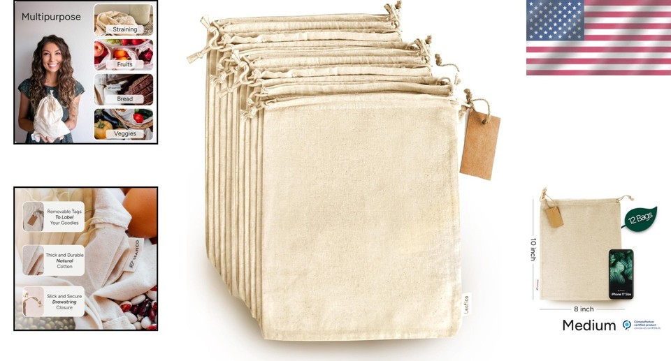 Reusable Muslin Storage Bags - Medium Size 20x25 cm, 12 Pack of Organic ...