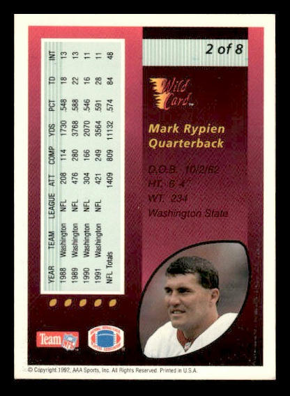 1992 Wild Card #2 Mark Rypien Pro Picks Washington Redskins | eBay