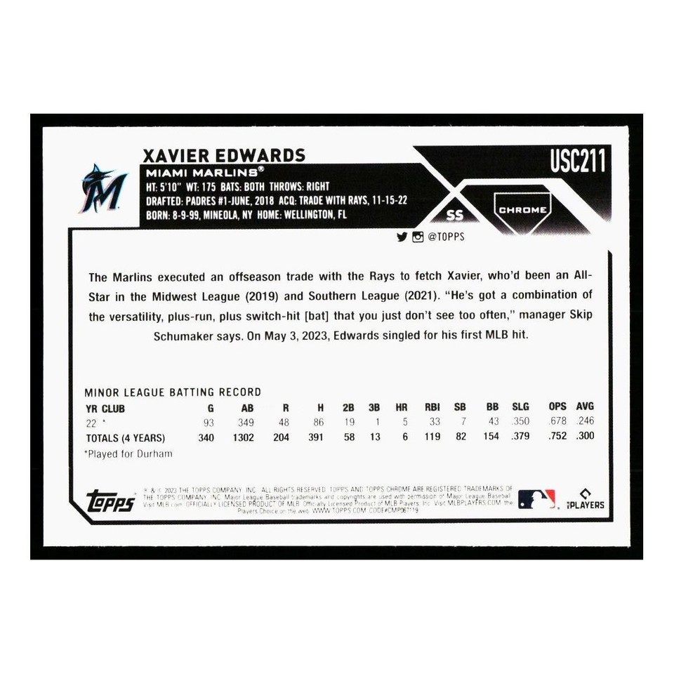 2023 Topps Chrome Update #USC211 Xavier Edwards Rookie Marlins Baseball ...