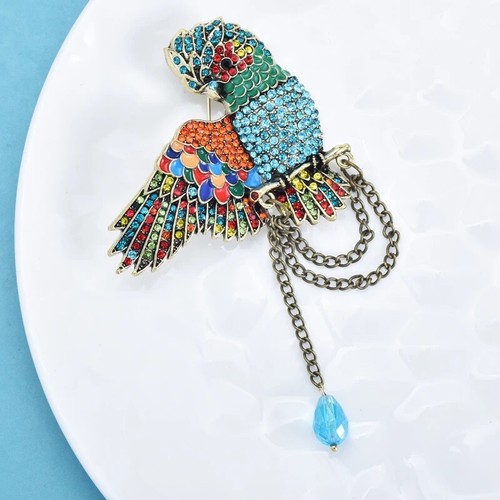 Luxury Vintage Parrot Brooches Sparkling Chain Bird Pin Brooch Jewelry ...