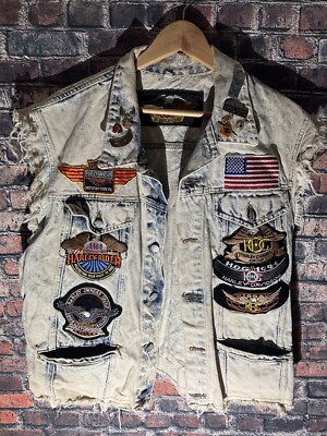 Vintage Harley Davidson Denim Vest Back Patch Hog Patches Pins Size L ...