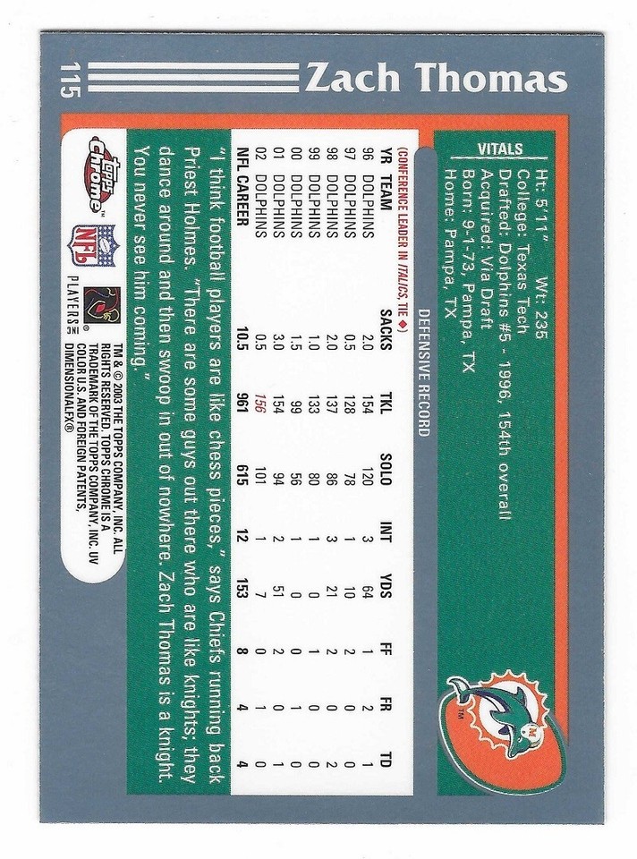 ZACH THOMAS 2003 Topps Chrome Football # 115 Miami Dolphins HOF NM - MT ...