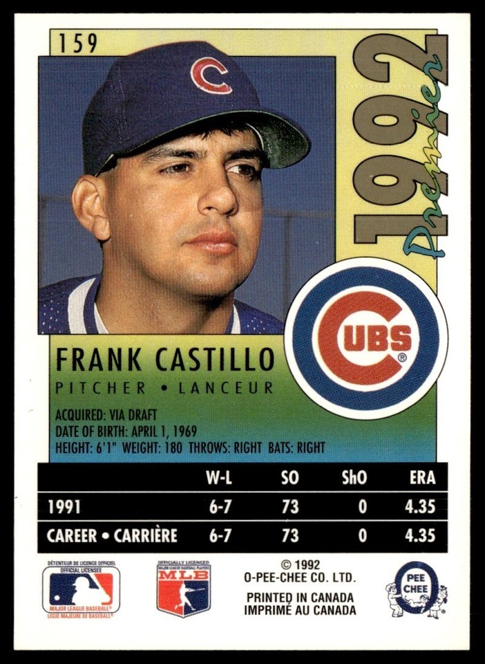 1992 O-Pee-Chee Premier Frank Castillo Rookie Chicago Cubs #159 | eBay