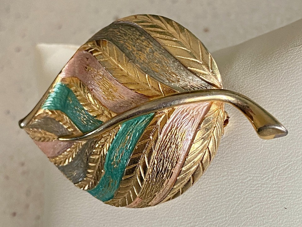 Vintage Pastel Enamel Leaf Brooch Pin Gold Tone Unsigned Park Lane 2.5 ...