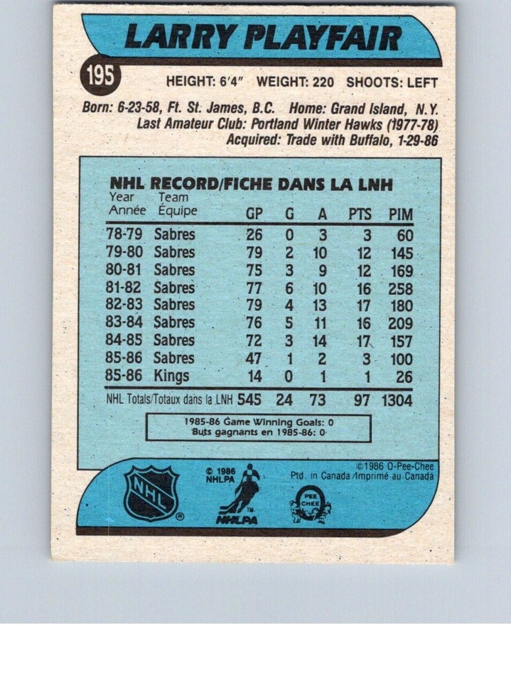 VINTAGE HOCKEY CARD O-PEE-CHEE 1986 LOS ANGELES KINGS LARRY PLAYFAIR ...