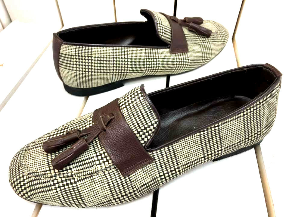 Designer Slippers Loafers Braun Beige Checkered Moccasin Men's Shoes 43 ...
