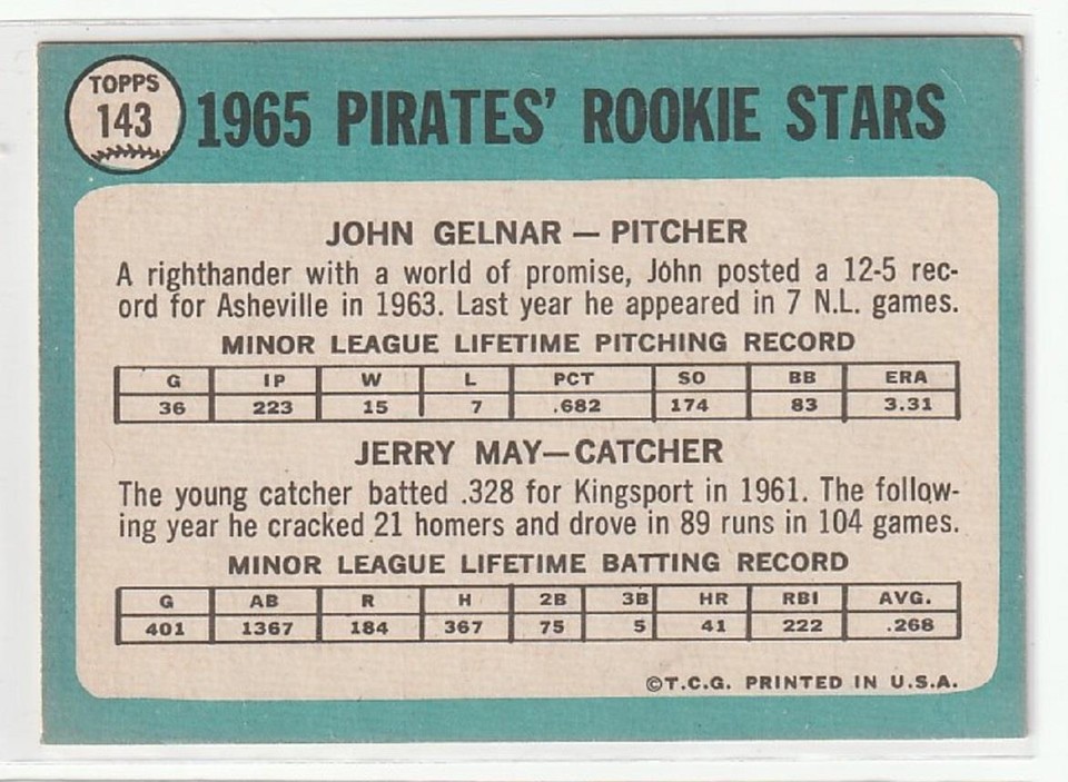 Pirates Rookies J.Gelnar, J.May 1965 Topps Set-Break #143 NrMt - Aliz ...