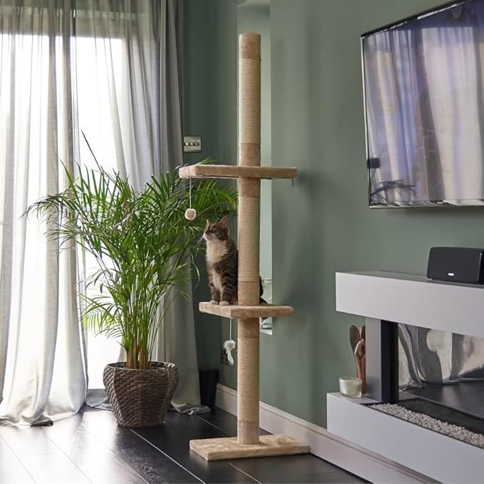 Runesol Floor to Ceiling Beige Cat Tree, Adjustable 245–288cm Cat Tower ...