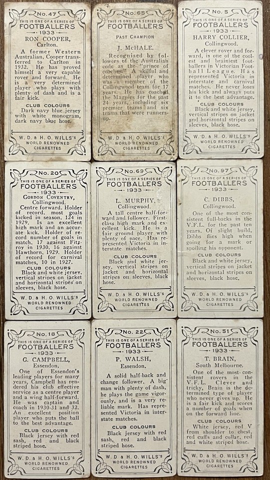 1933 Wills VFL Carlton Collingwood Essendon Collier McHale Coventry ...