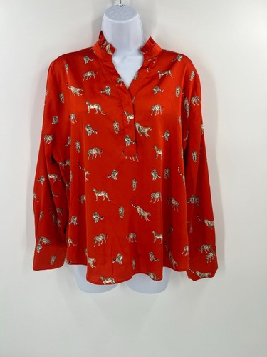 Chicos Petite 2P US PL Orange Satin Animal Print Button Up Ruffle Collar Blouse | eBay