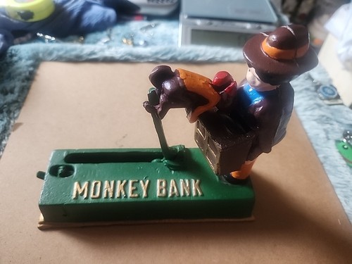 Monkey Coin Bank Heavy Cast Iron Vintage Mechanical Spring Action Vtg ...