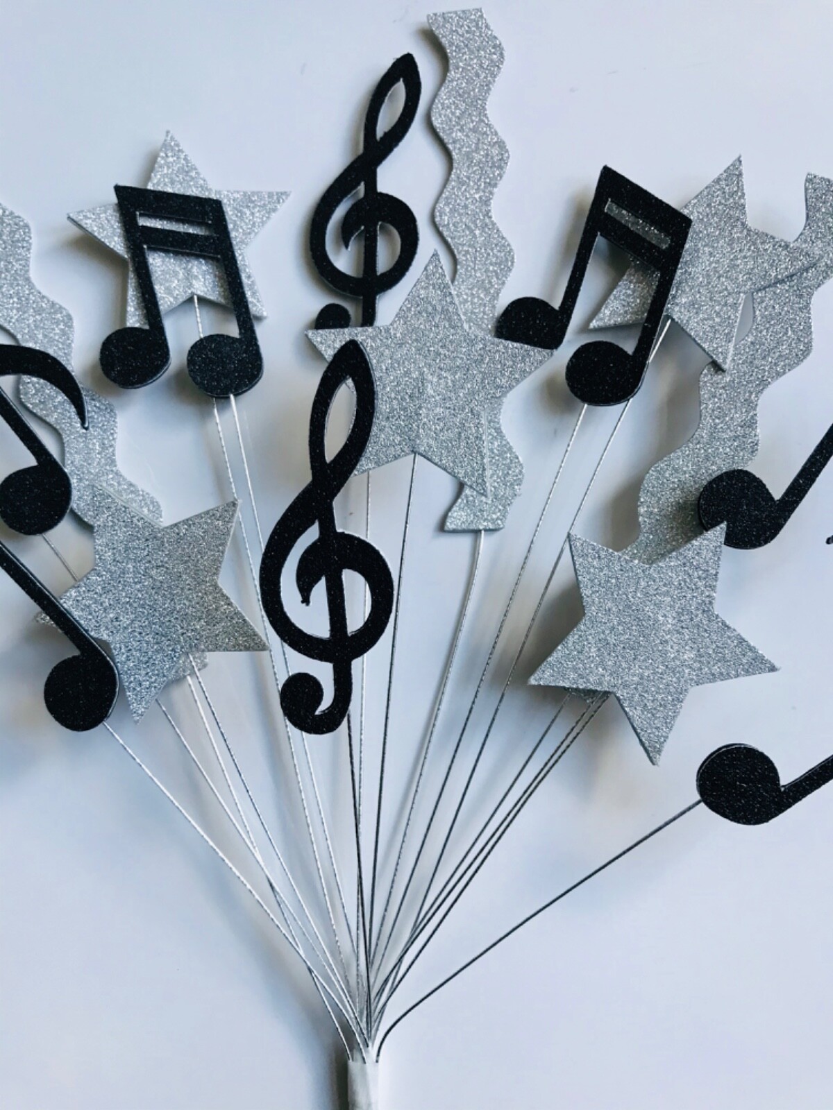 Glitter Sparkly Paper MUSIC NOTES CAKE TOPPER SPRAY BURST BLACK/SILVER ...