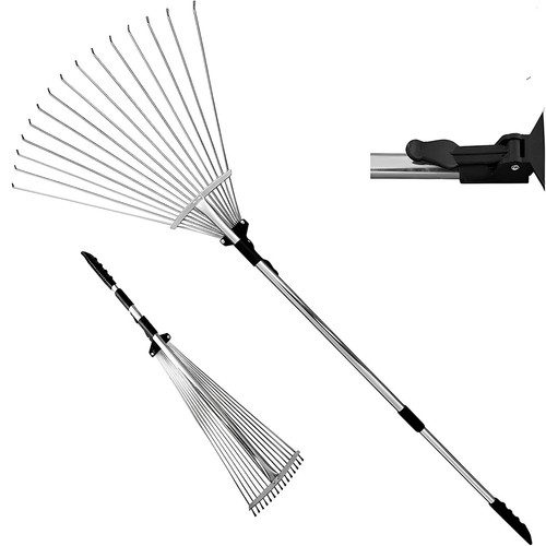 Dual Telescopic Metal Garden Leaf Rake Gardening Tools Extendable Up to ...