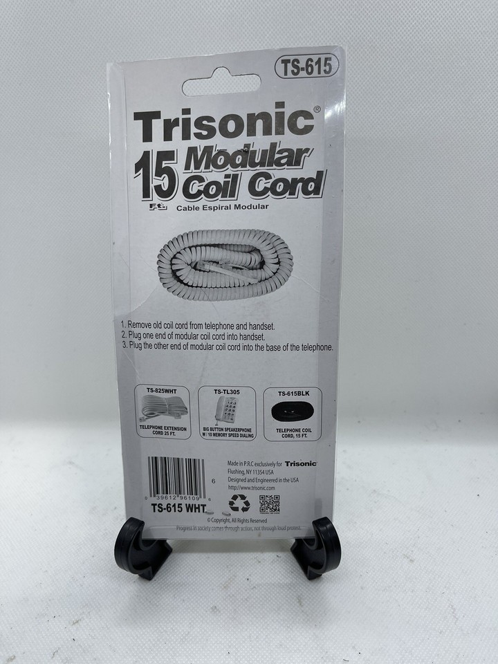 (NEW) Trisonic 15' Modular Handset Coil Phone Cord 15 ft WHITE TS-615 ...