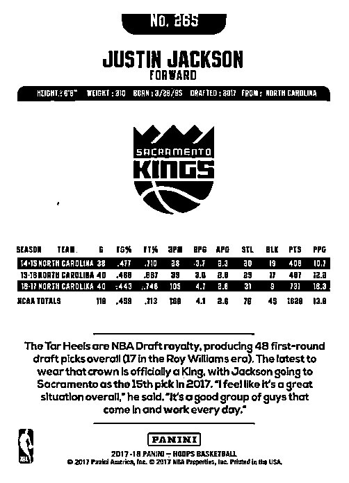 2017-18 NBA Hoops Justin Jackson Kings #265 NBA Rookie RC PWE | eBay