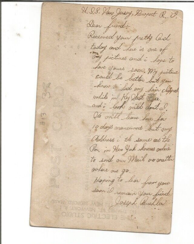 RPPC NEWPORT RHODE ISLAND MILITARY NAVY USS NEW JERSEY ID AS JOSEPH ...