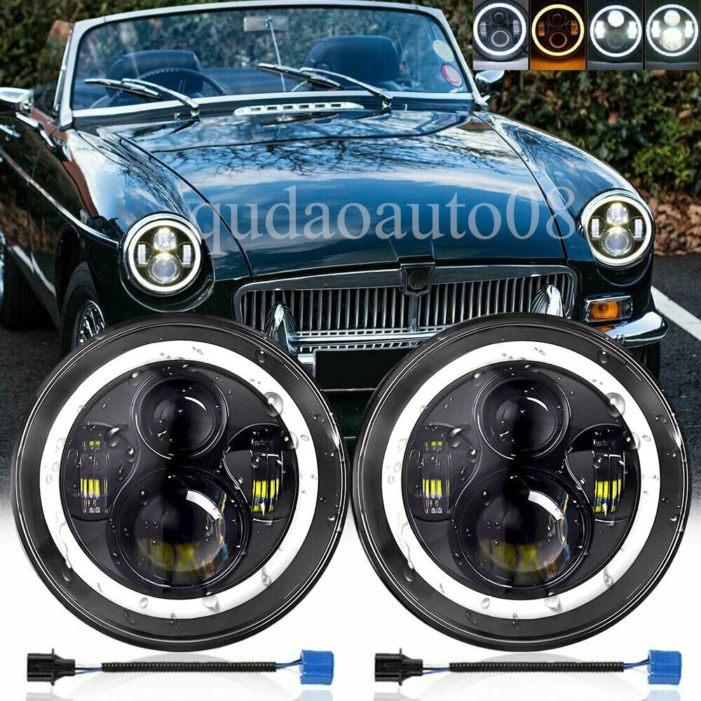 E Mark Pair 7inch LED Headlights w/ Halo Ring DRL Light For MG Midget ...