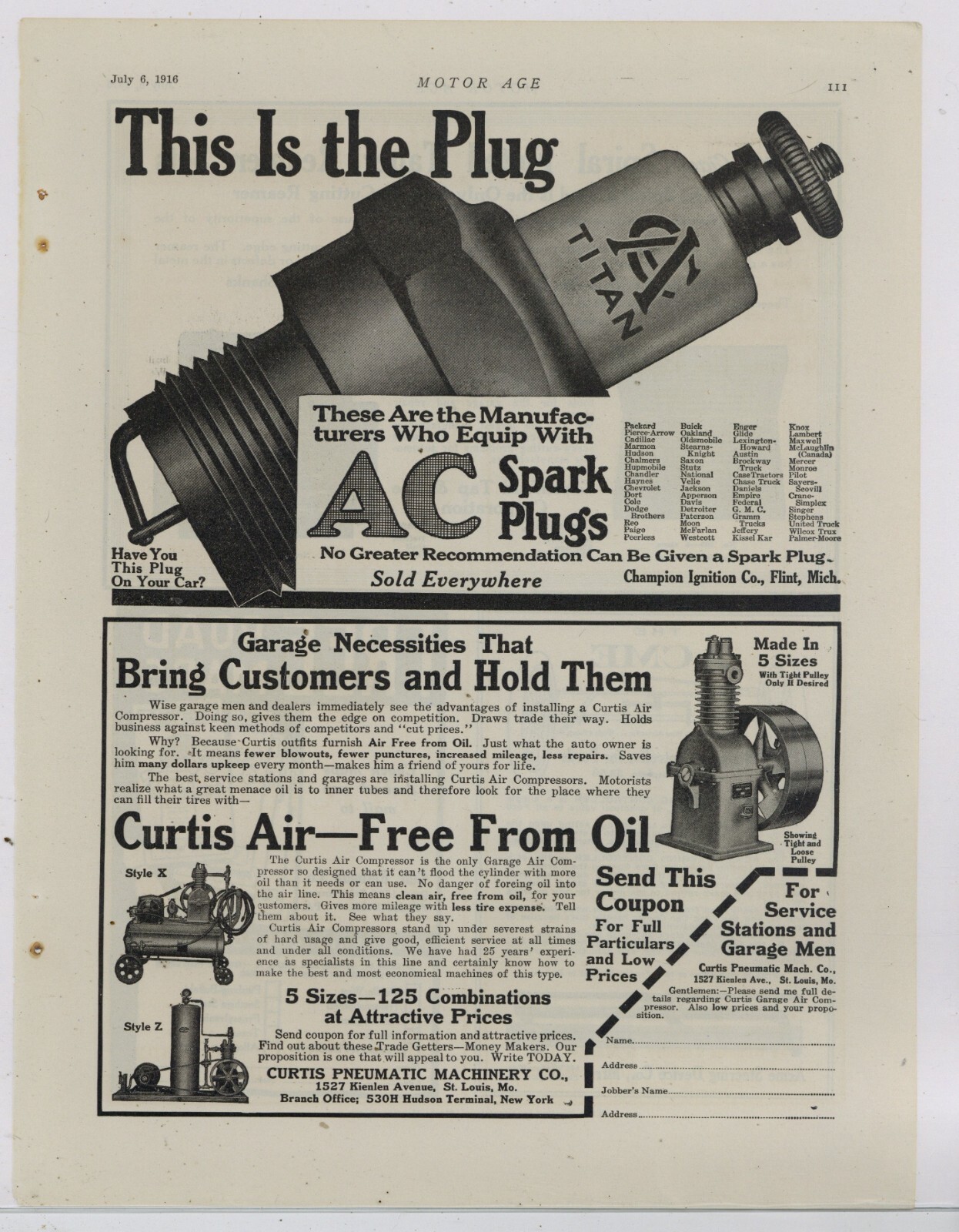 1916 AC Spark Plug Ad: Champion Ignition Co. Flint, Michigan - Titan w ...