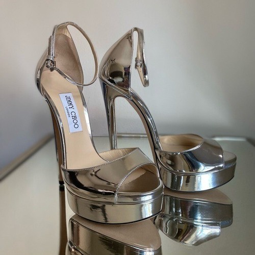 New Jimmy Choo Max 150 Metallic Silver Fabric Platform Stiletto Sandals ...