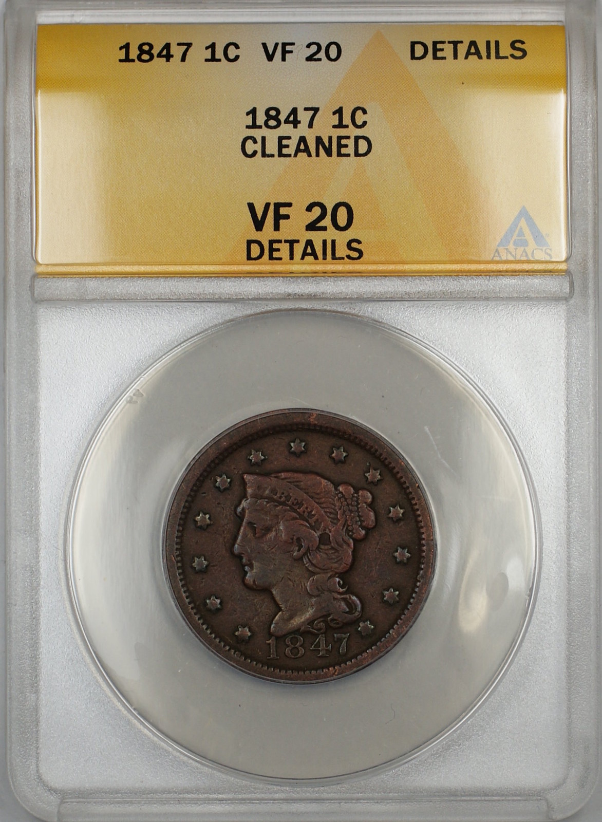 1847 Braided Hair Large Cent 1c Coin ANACS VF-20 Details Cleaned | eBay