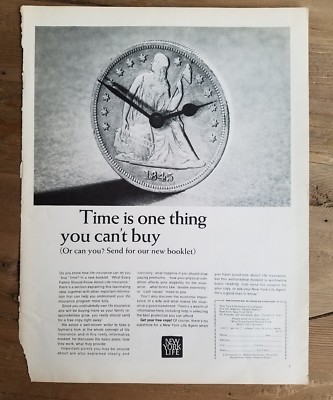 1965 New York Life insurance time one thing can't buy coin clock ad | eBay