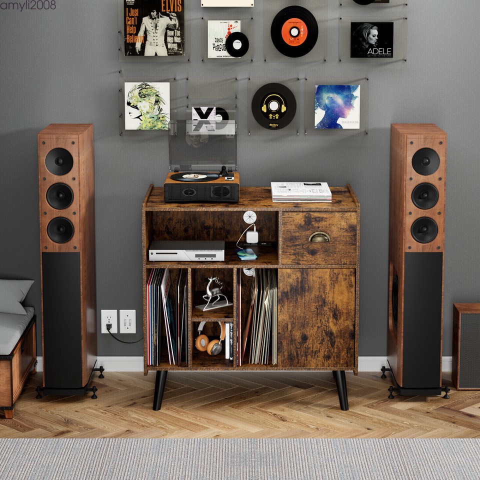 CD Record Player Stand Album Storage Cabinet Turntable Table with Power ...