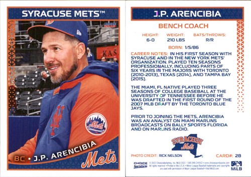 J.P. Arencibia 2023 Choice Syracuse Mets #28 RC Card FREE SHIP ...