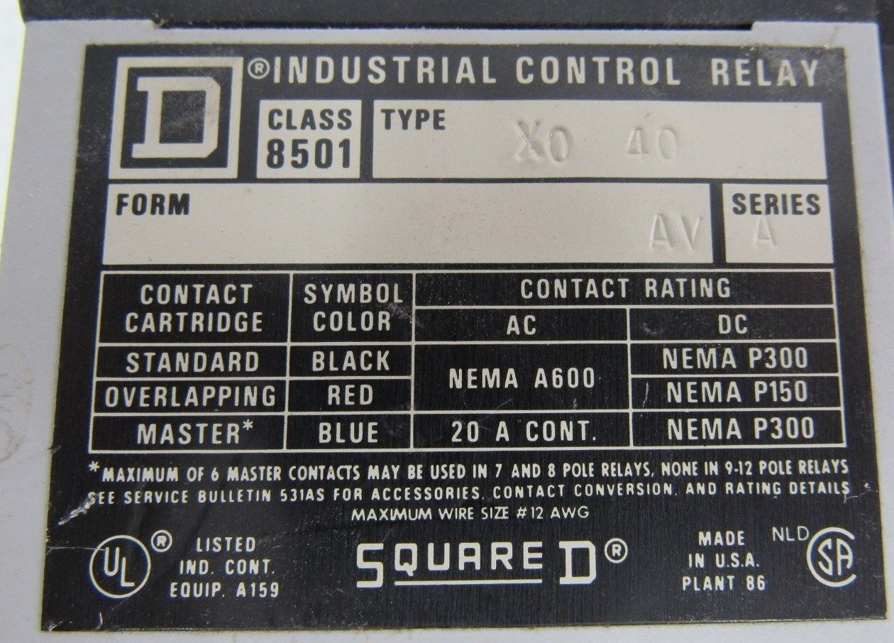 SQUARE D CLASS 8501 TYPE X0 40 FORM AV SER.A INDUSTRIAL CONTROL RELAY ...