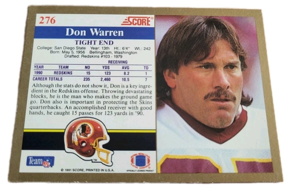 1991 Score #276 Don Warren Washington Redskins Commanders Football Card ...
