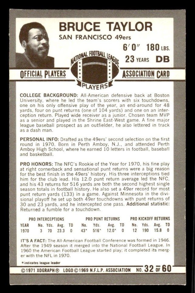 1971 KELLOGG'S BRUCE TAYLOR 32 VG FOOTBALL SAN FRANCISCO 49ERS | eBay