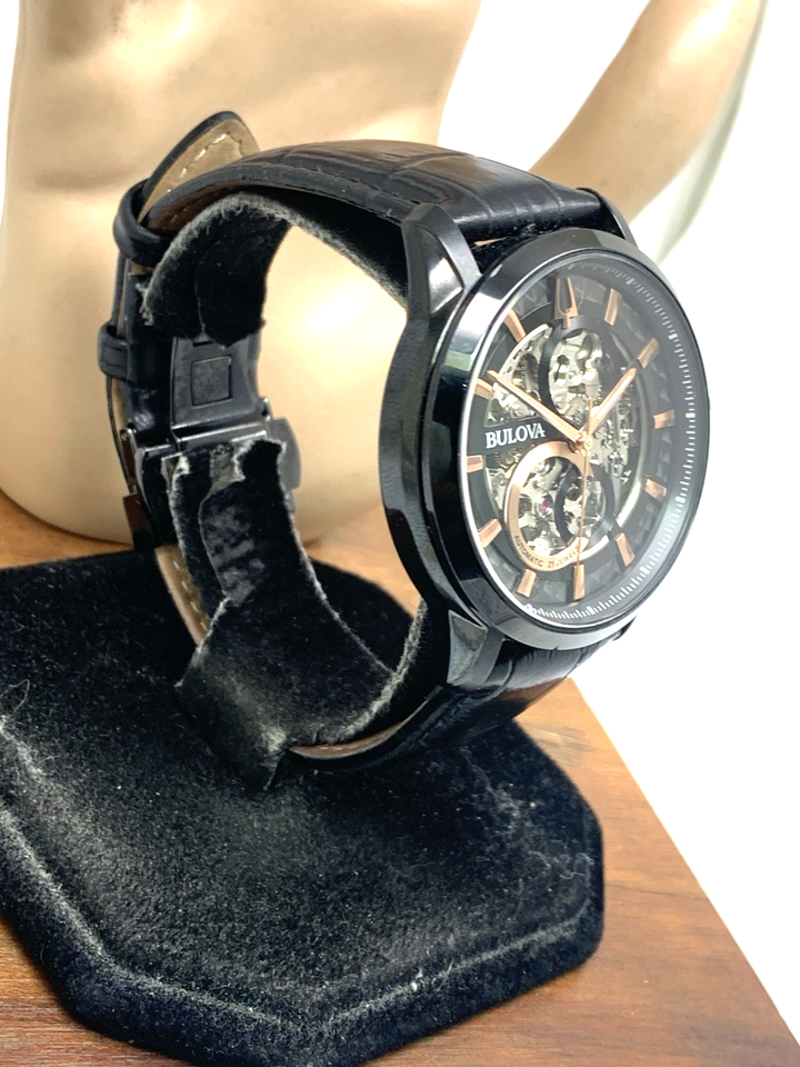 Bulova Men's Watch 98A283 Sutton Automatic Black Dial Leather Strap ...