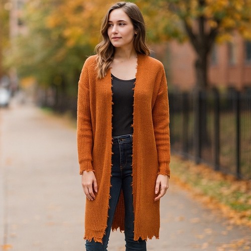 Madrag Cardigan Women's Size XL Autumn Cognac Fringe-Edge Long Chunky ...