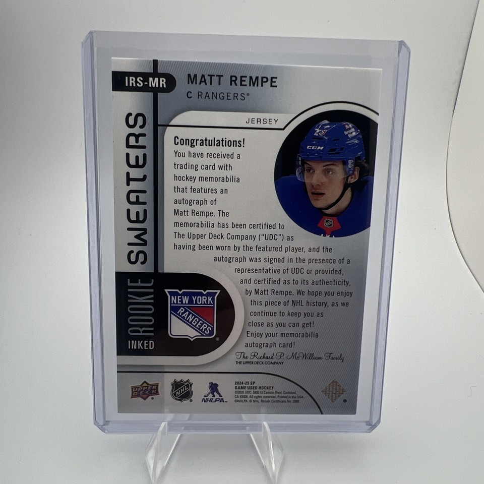 2024-25 UD SP Game Used Matt Rempe Inked Rookie Sweaters RC /99 #IRS-MR ...