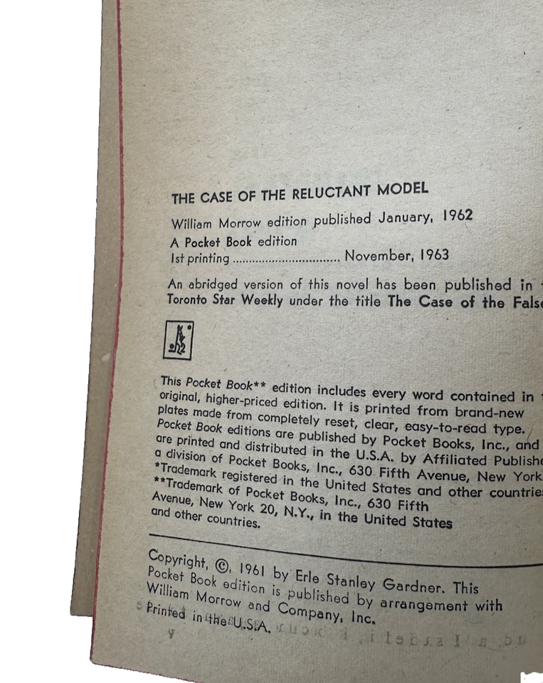 Perry Mason Case Reluctant Model Erle Stanley Gardner 1st Print Nov ...