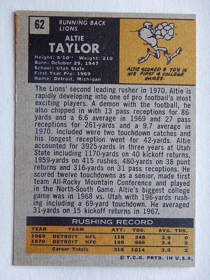 Altie Taylor #62 Topps 1971 Football Card (Detroit Lions) VG | eBay