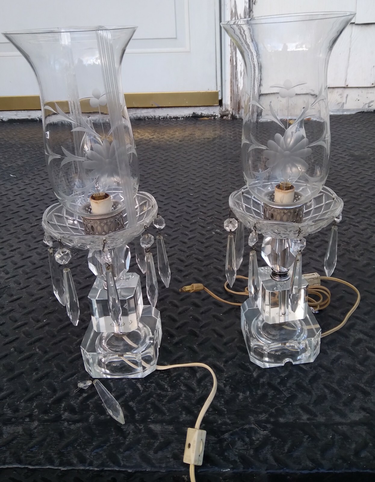 Antique Pair Cut & Etched Crystal Hurricane Lamps w/ Prisms | eBay