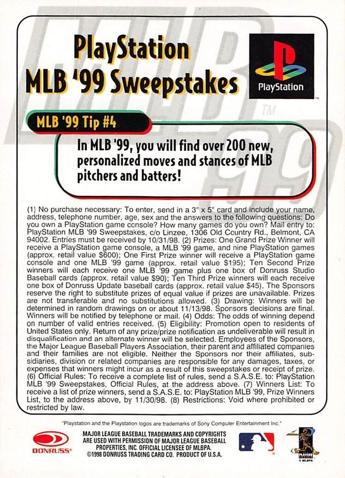 1998 Donruss Playstation MLB '99 Mike Mussina #NNO NM/MT BALTIMORE ORIOLES | eBay