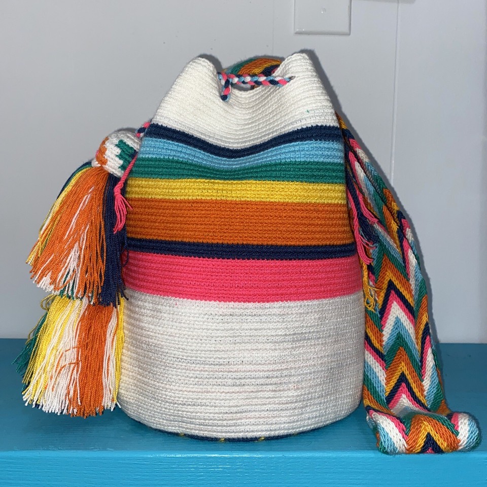 Authentic 100% Wayuu Mochila Colombian Bag Large Size Striped rainbow ...