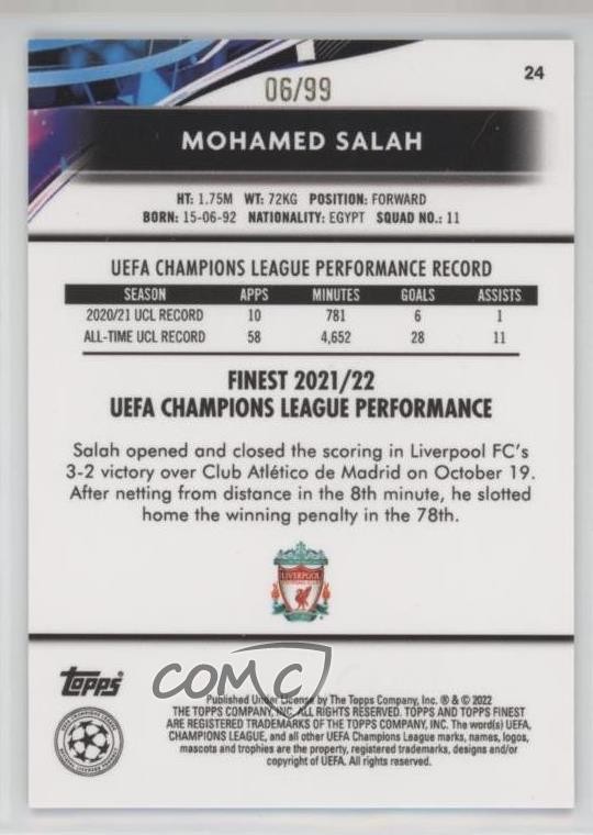 2021-22 Topps Finest UCL Neon Green Refractor /99 Mohamed Salah #24 | eBay